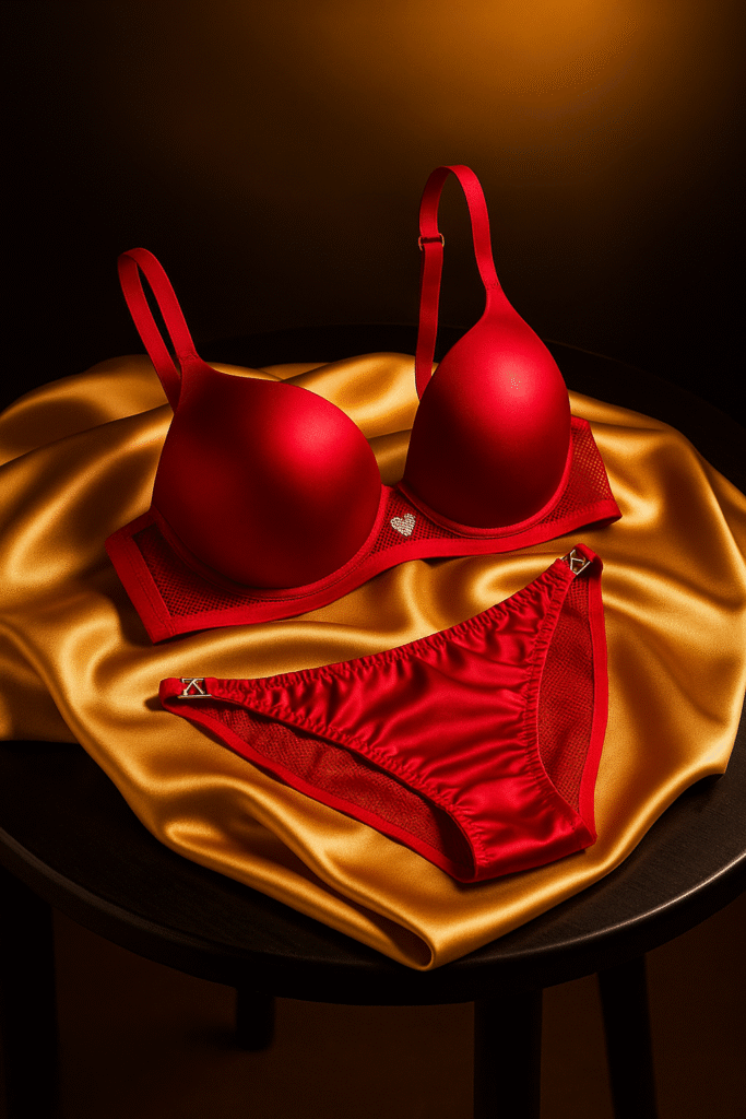 Royal Red Satin Lace Bra Set - Amna Shahzad